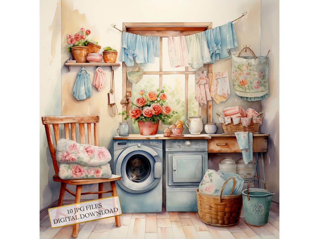 Retro Laundry Room Clipart Bundle- 10 High Quality Watercolor Jpgs ...