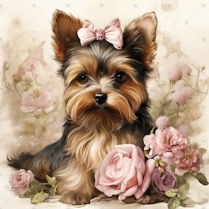 Shabby Chic Yorkshire Terrier Girl With Flowers Clipart Bundle- 10 High ...