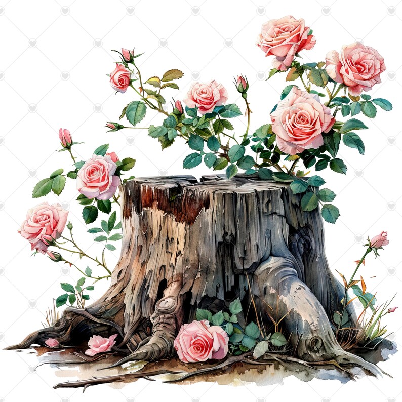 Pink Roses Growing Out of a Tree Stump PNG Clipart Bundle- Digital ...