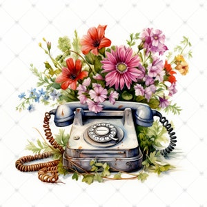 Retro Telephone With Flowers Clipart Bundle- 10 High Quality Watercolor ...