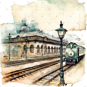 Vintage Train Station Postcard Clipart Bundle- 10 High Quality ...