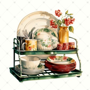 Retro Dish Drying Rack Clipart Bundle 10 High Quality Watercolor Jpgs ...