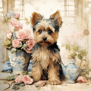 Shabby Chic Yorkshire Terrier With Flowers Clipart Bundle- 10 High ...