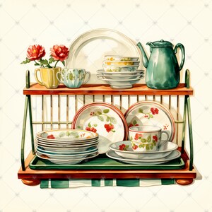 Retro Dish Drying Rack Clipart Bundle- 10 High Quality Watercolor Jpgs ...