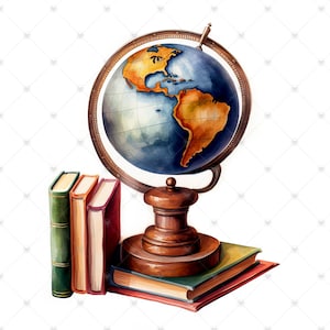 Globe on Books Clipart Bundle- 10 High Quality Watercolor Jpgs- School ...