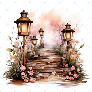 Rustic Pathway With Lanterns and Pink Flowers Clipart Bundle- 10 High ...