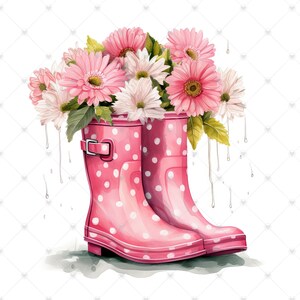Pink Polka Dot Rain Boots With Flowers Clipart Bundle- 10 High Quality ...