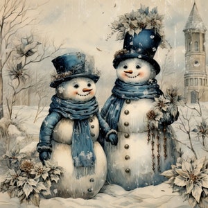 Blue Vintage Snowmen in Winter Scenery JPG Clipart Bundle- Digital ...