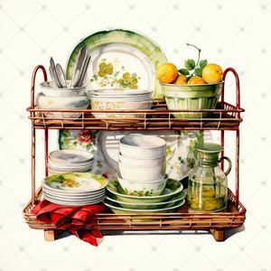 Retro Dish Drying Rack Clipart Bundle 10 High Quality Watercolor Jpgs ...