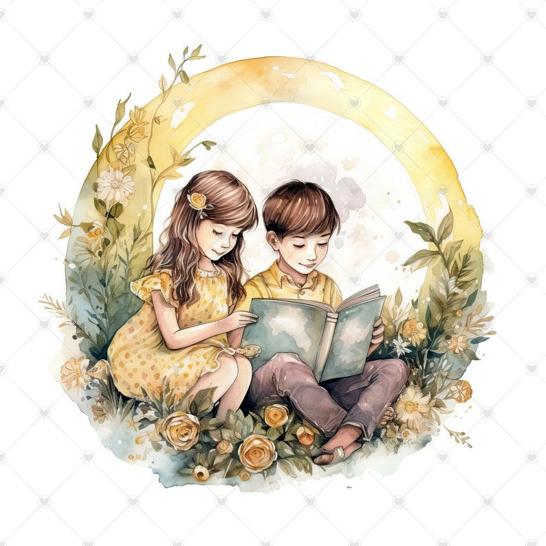 Reading Boy and Girl in Floral Circle Clipart Bundle 10 High - Etsy