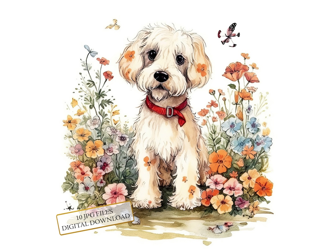 Cute Dog With Flowers Clipart Bundle- 10 High Quality Watercolor Jpgs ...