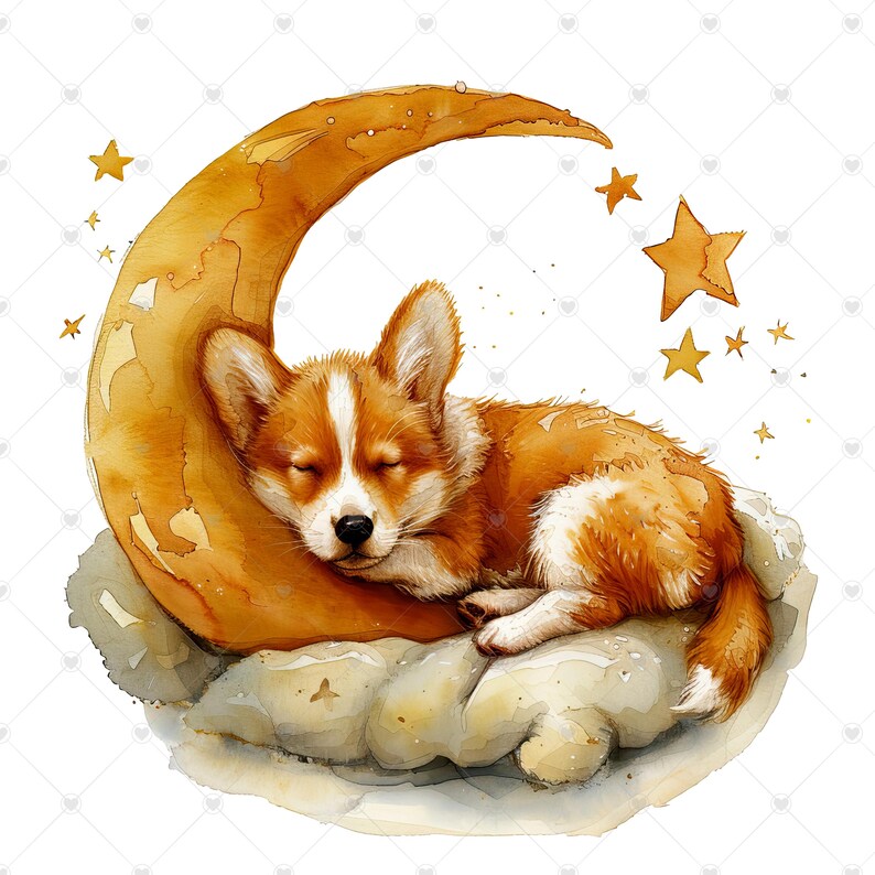 Little Corgi Sleeping by the Crescent Moon PNG Clipart Bundle- Digital ...