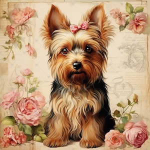 Shabby Chic Yorkshire Terrier Girl With Flowers Clipart Bundle- 10 High ...