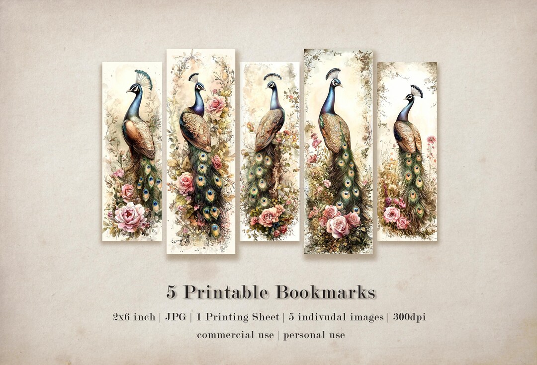 5 Shabby Chic Peacock With Pink Roses Printable Bookmark Sheets, 5 JPG ...
