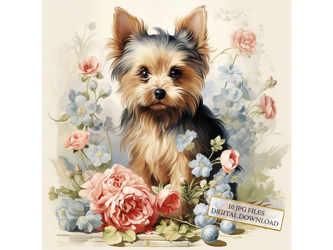 Shabby Chic Yorkshire Terrier With Flowers Clipart Bundle- 10 High ...