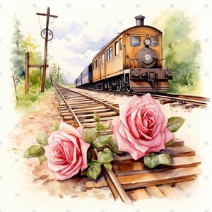 Vintage Train With Pink Roses Clipart Bundle- 10 High Quality ...