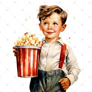 Retro Little Boy Holding a Popcorn Bucket Clipart Bundle- 10 High ...