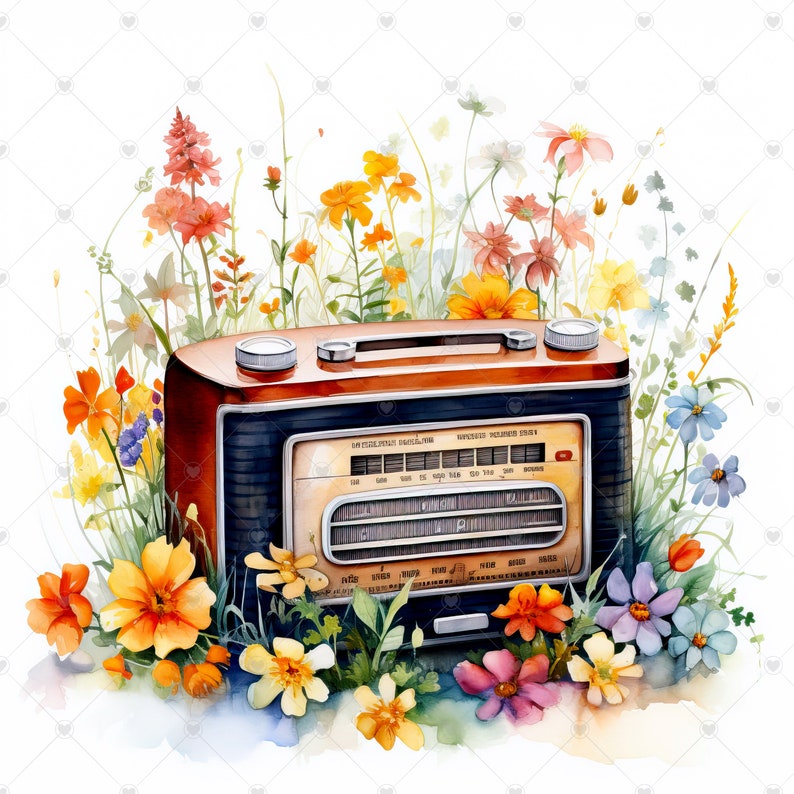 Retro Radio With Flowers Clipart Bundle 10 High Quality - Etsy