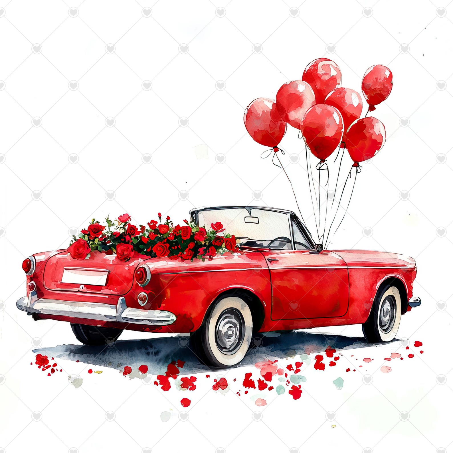 Retro Red Convertible Car With Balloons and Flowers JPG Clipart Bundle ...