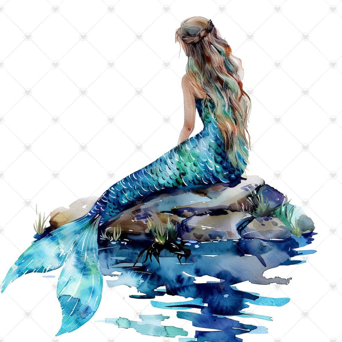 Mermaid Sitting on a Rock by the Ocean PNG Clipart Bundle- Digital ...