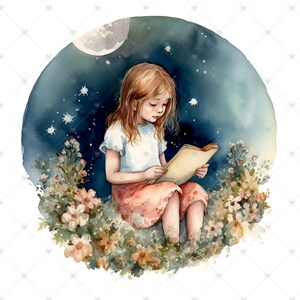 Reading Girl in Floral Circle Clipart Bundle 10 High Quality Watercolor ...