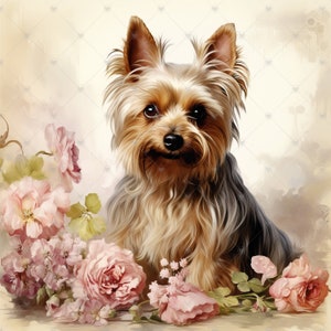 Shabby Chic Yorkshire Terrier With Flowers Clipart Bundle- 10 High ...