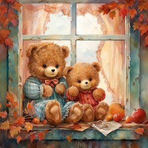 Teddy Bear by the Autumn Window Clipart Bundle- 10 High Quality ...