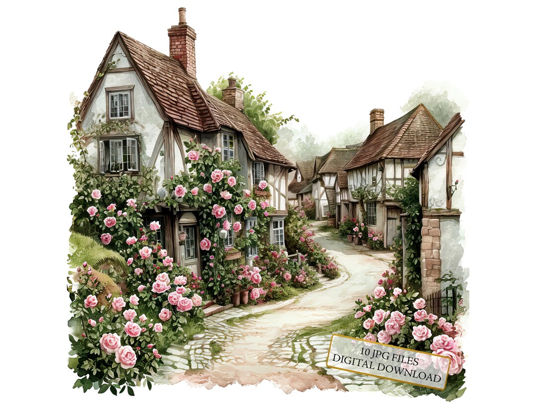 Old British Village Overgrown With Flowers Clipart Bundle- 10 High ...