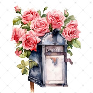 Mailbox With Pink Roses Clipart Bundle- 10 High Quality Watercolor Jpgs ...