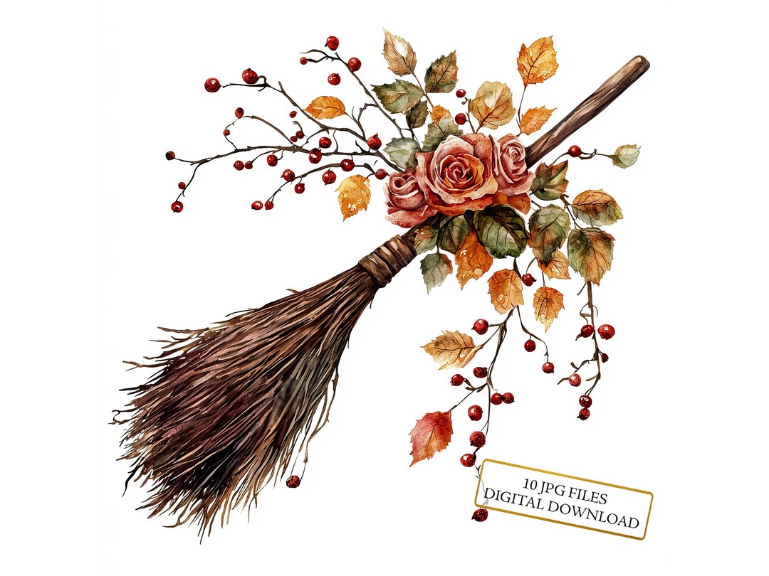 Witch's Broom With Autumn Roses Clipart Bundle- 10 High Quality ...