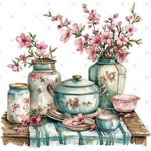 Floral Vintage Farmhouse Kitchen Cookware Clipart Bundle- 10 High ...