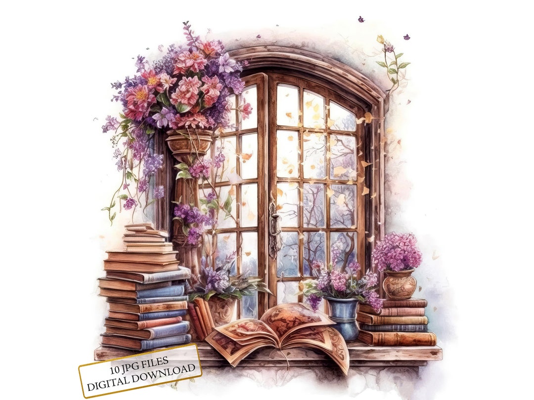 Floral Window With Books Clipart Bundle- 10 High Quality Watercolor ...