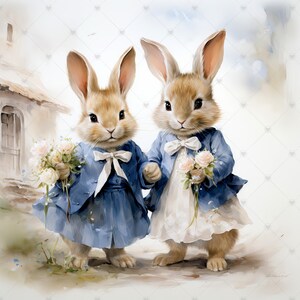Two Bunnies in Cute Dresses Clipart Bundle- 10 High Quality Watercolor ...