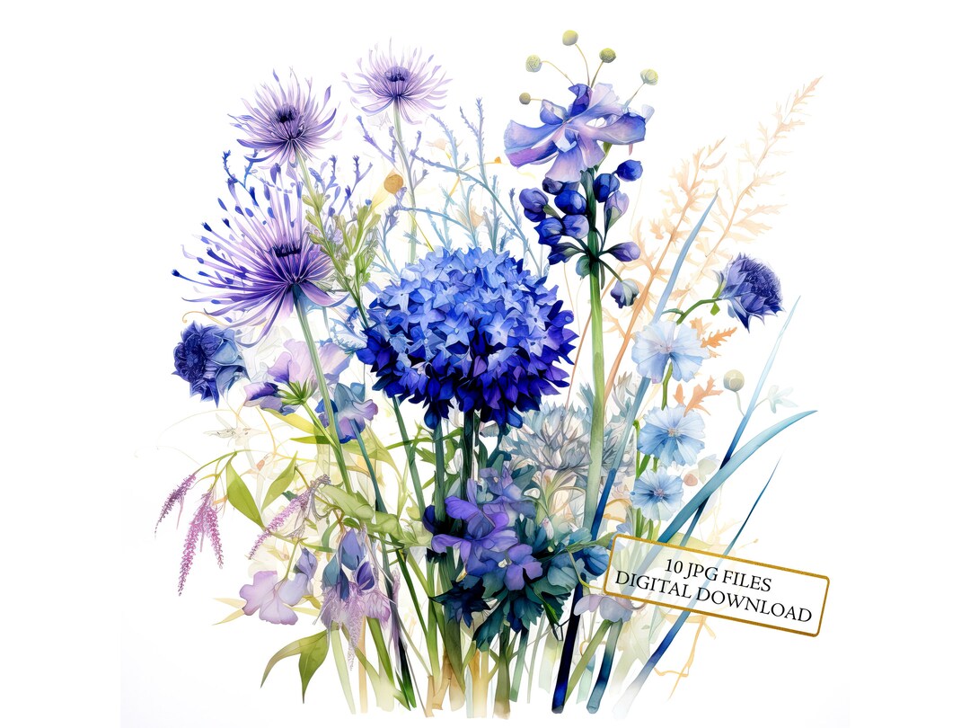 Blue Wildflowers Clipart Bundle- 10 High Quality Watercolor Jpgs ...