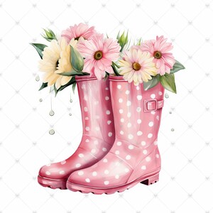 Pink Polka Dot Rain Boots With Flowers Clipart Bundle- 10 High Quality ...