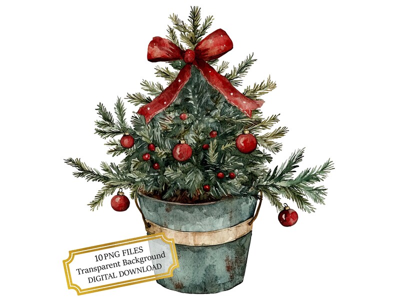 Christmas Tree in a Bucket With Red Ribbon PNG Clipart Bundle- Digital ...
