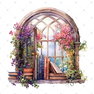 Floral Window With Books Clipart Bundle- 10 High Quality Watercolor ...