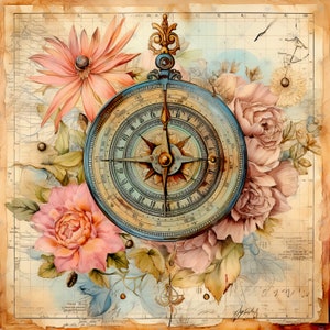 Shabby Chic Floral Compass With Map Clipart Bundle- 10 High Quality ...