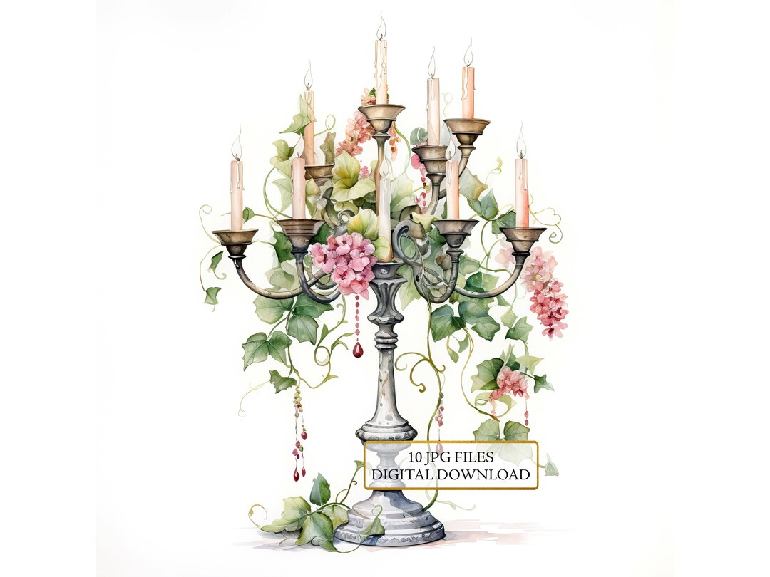 Candelabra With Blooming Ivy Clipart Bundle- 10 High Quality Watercolor ...