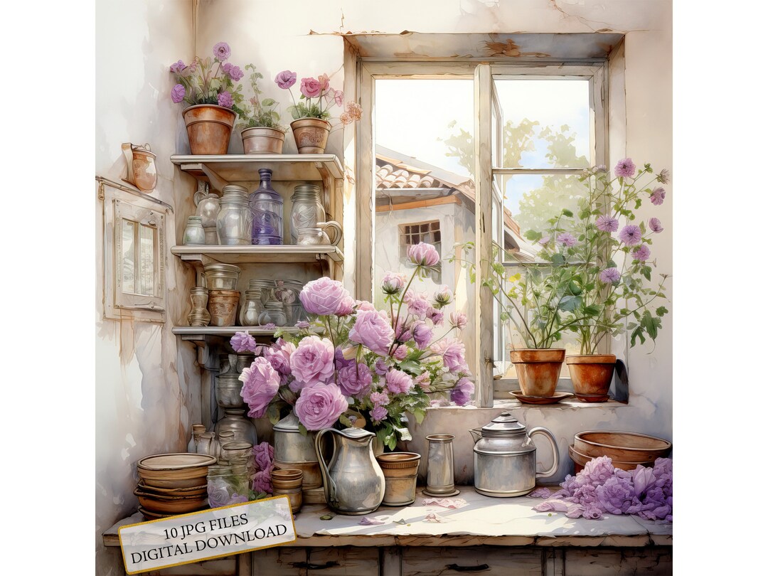 Quaint Kitchen With Purple Flowers Clipart Bundle- 10 High Quality ...