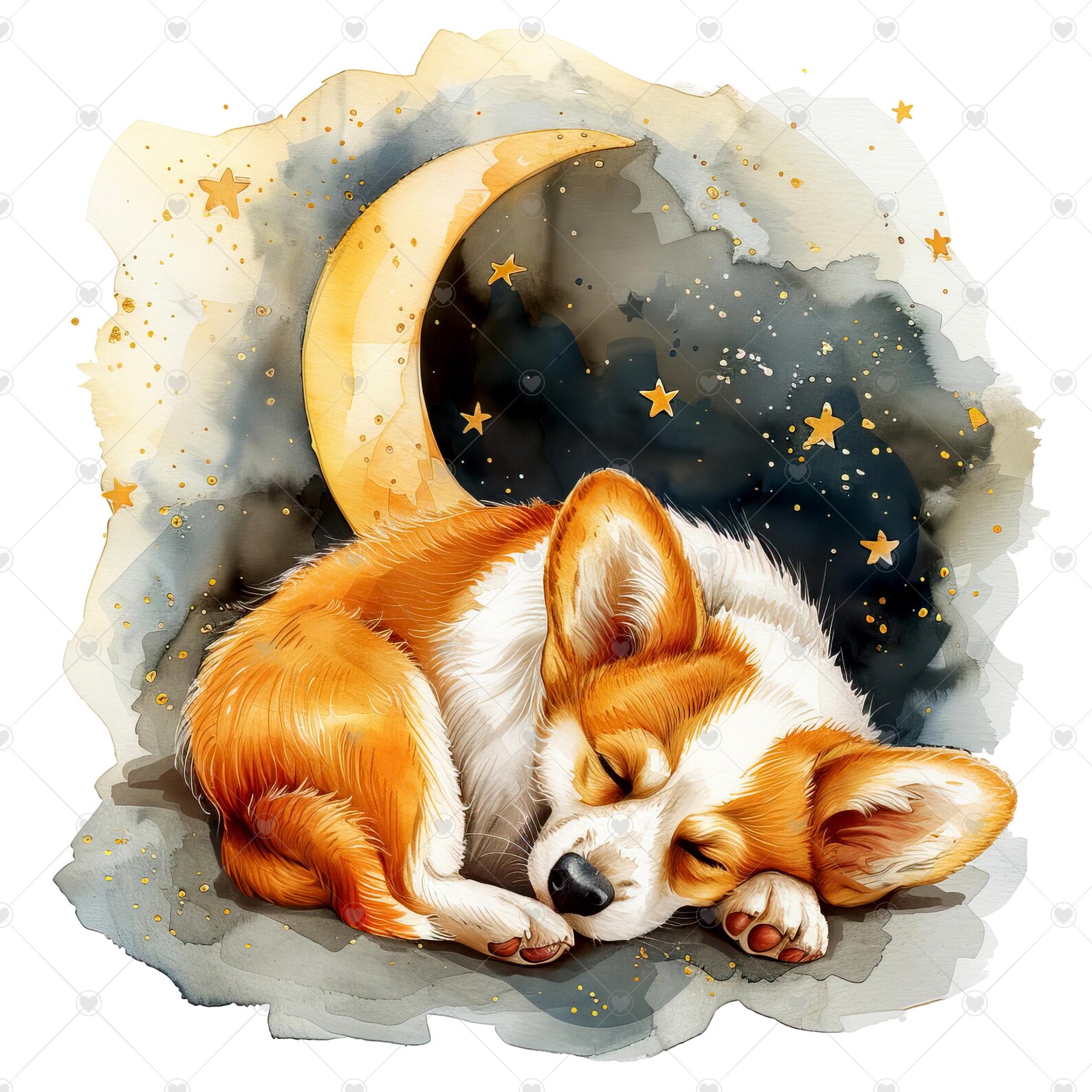 Little Corgi Sleeping by the Crescent Moon PNG Clipart Bundle- Digital ...