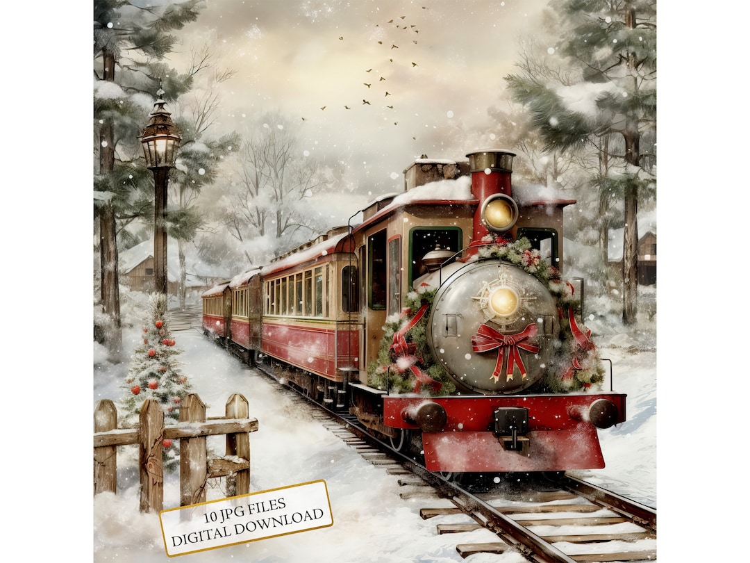 Vintage Christmas Train Leaving Snowy Town JPG Clipart Bundle- Digital ...