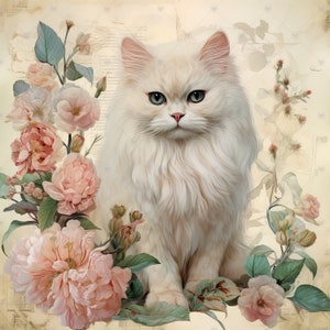 Shabby Chic Cat With Flowers Clipart Bundle- 10 High Quality Watercolor ...