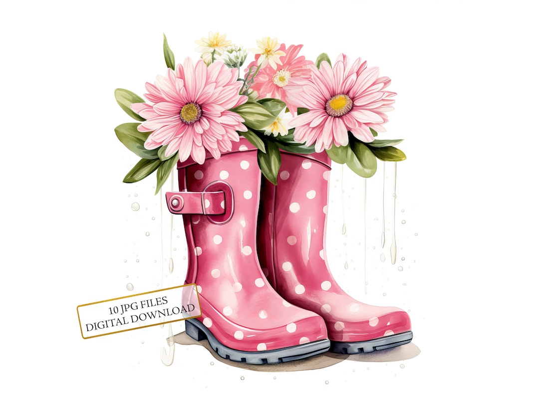Pink Polka Dot Rain Boots With Flowers Clipart Bundle- 10 High Quality ...