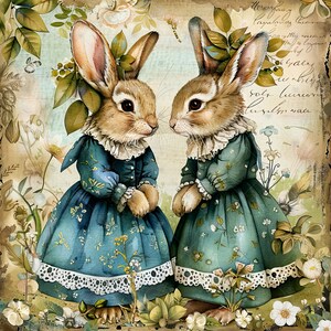 Bunnies in Dresses Floral Vintage Page JPG Clipart Bundle- Digital ...