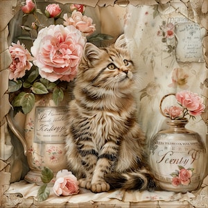 Shabby Chic Cat With Pink Roses Clipart Bundle- 10 High Quality ...