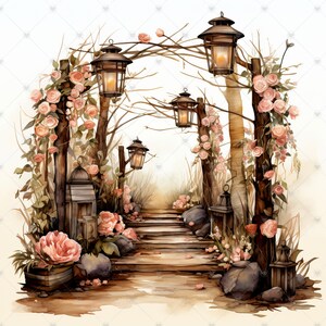Rustic Pathway With Lanterns and Pink Flowers Clipart Bundle- 10 High ...