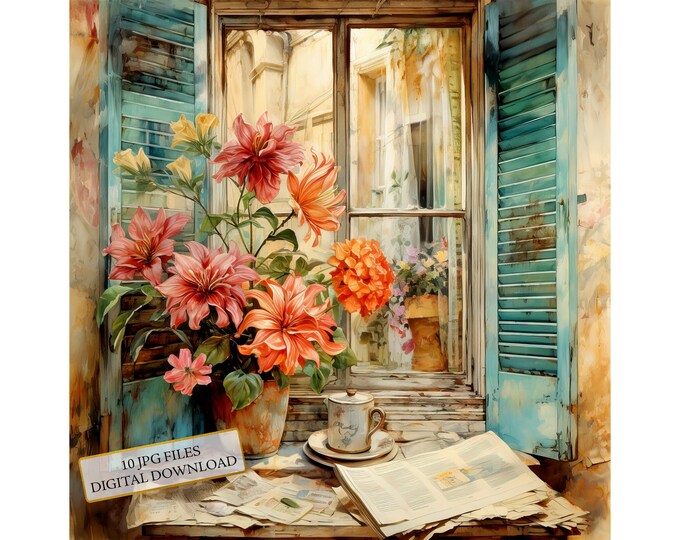 4 Rustic Window View Pages Digital Art Cozy Aesthetic With Coffee and ...