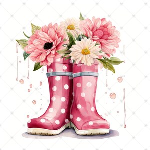 Pink Polka Dot Rain Boots With Flowers Clipart Bundle- 10 High Quality ...