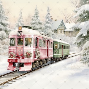 Vintage Pink Sage Christmas Train in Snowy Scenery JPG Clipart Bundle ...